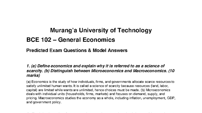 BCE 102 General Economics Predicted Exam Questions & Model Answers ...