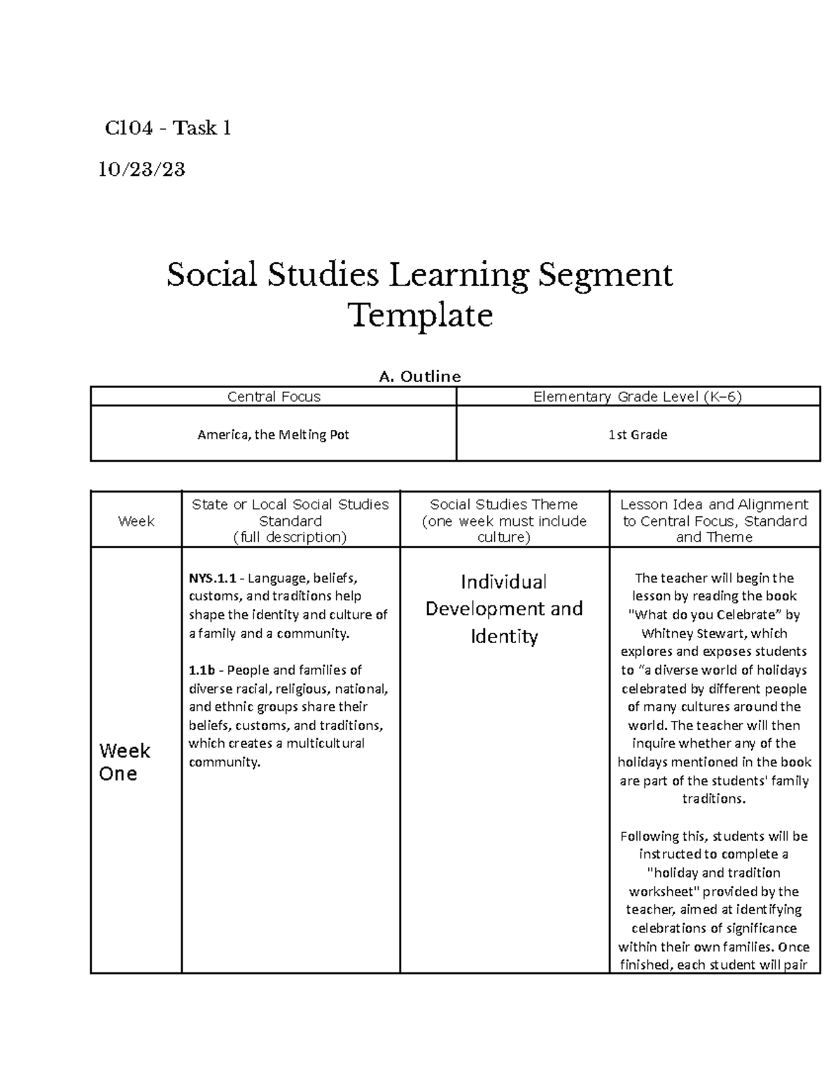 WGU C104 Task 1: Social Studies Learning Segment for Grades K-6 - Studocu