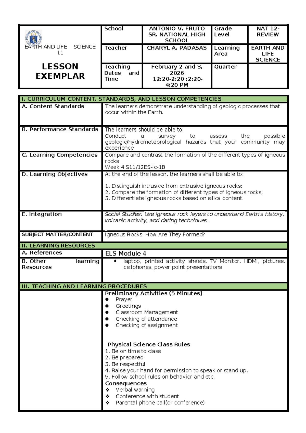 EARTH AND LIFE 11 SCIENCE: Igneous Rocks Lesson Exemplar - Studocu
