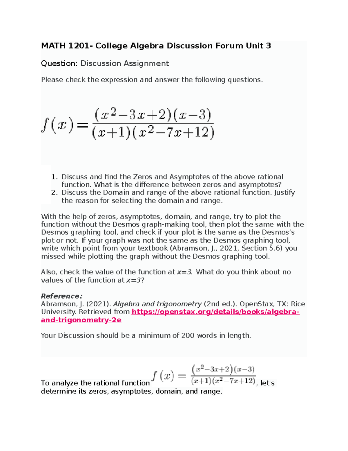 MATH 1201 College Algebra Unit 3 Discussion: Zeros, Asymptotes, Domain ...