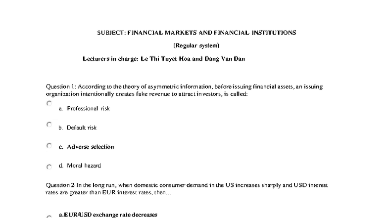 ĐCTT - Financial Markets & Institutions Quiz Questions - Studocu