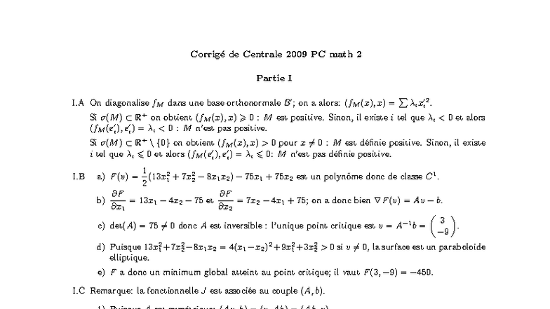 Centrale Supélec 2009 PC Math 2 - Analyse des Matrices et Propriétés ...