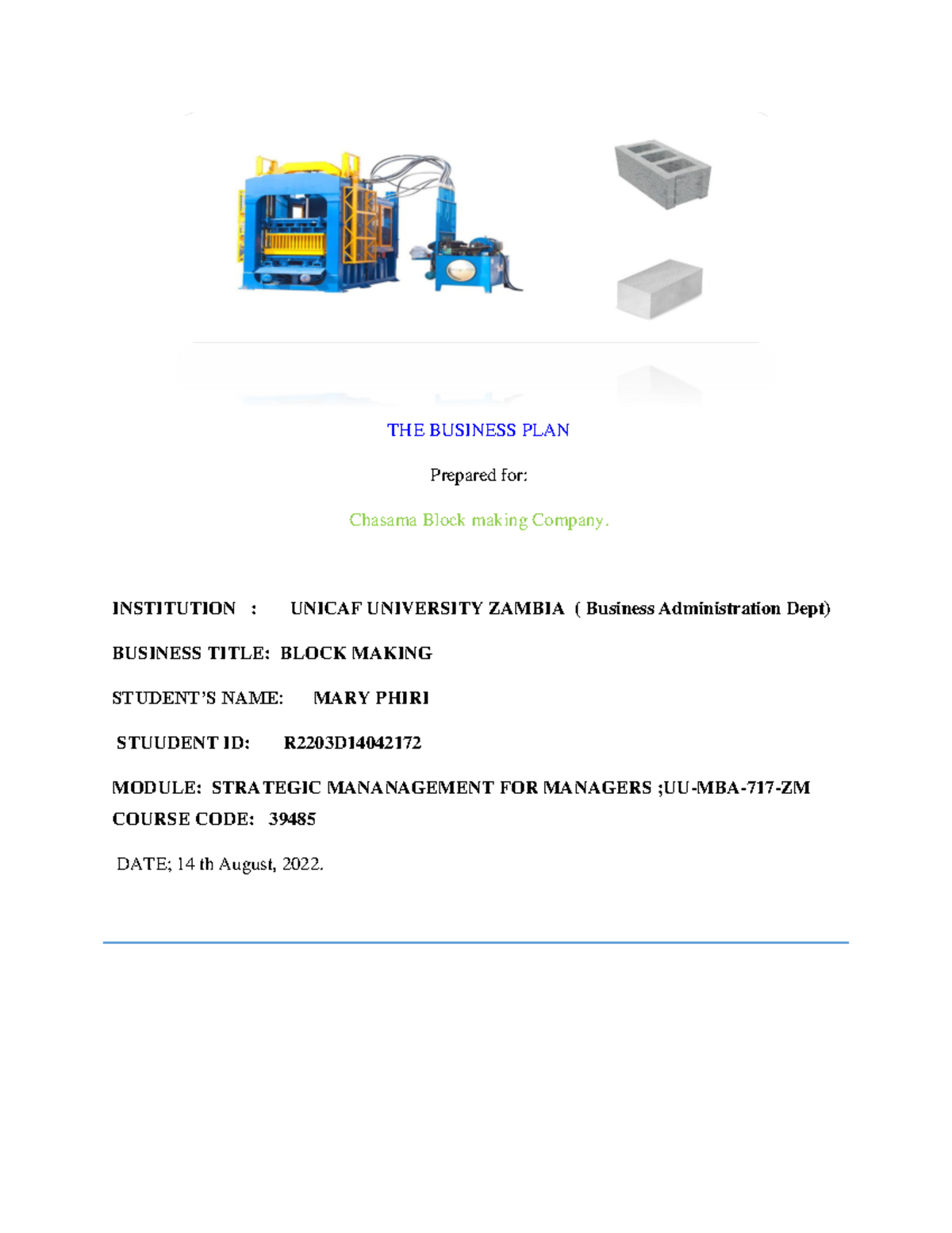 Strategic Management Business Plan for Block Making: UU-MBA-717-ZM ...