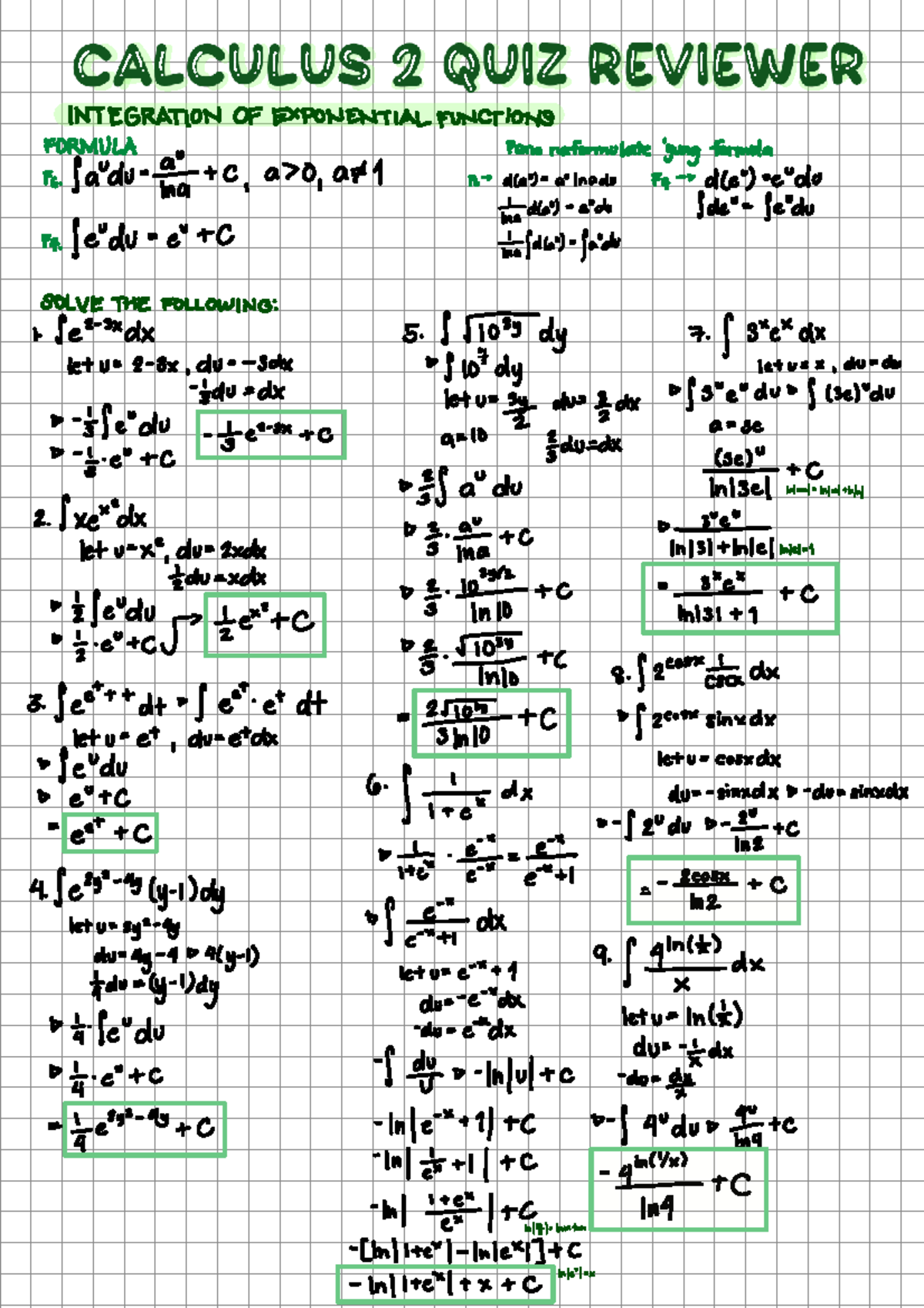 CALCULUS 2 QUIZ REVIEWER: INTEGRATION OF EXPONENTIAL FUNCTIONS - Studocu