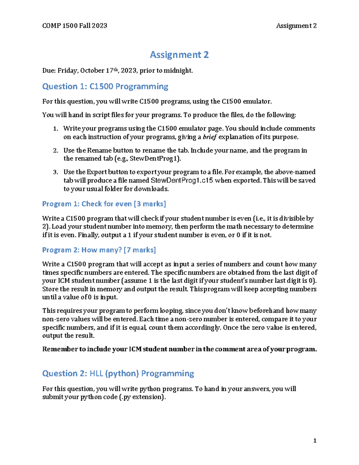 ICM COMP1500 F2023 A2 - nice - COMP 1500 Fall 2023 Assignment 2 1 Assignment 2 Due: Friday ...