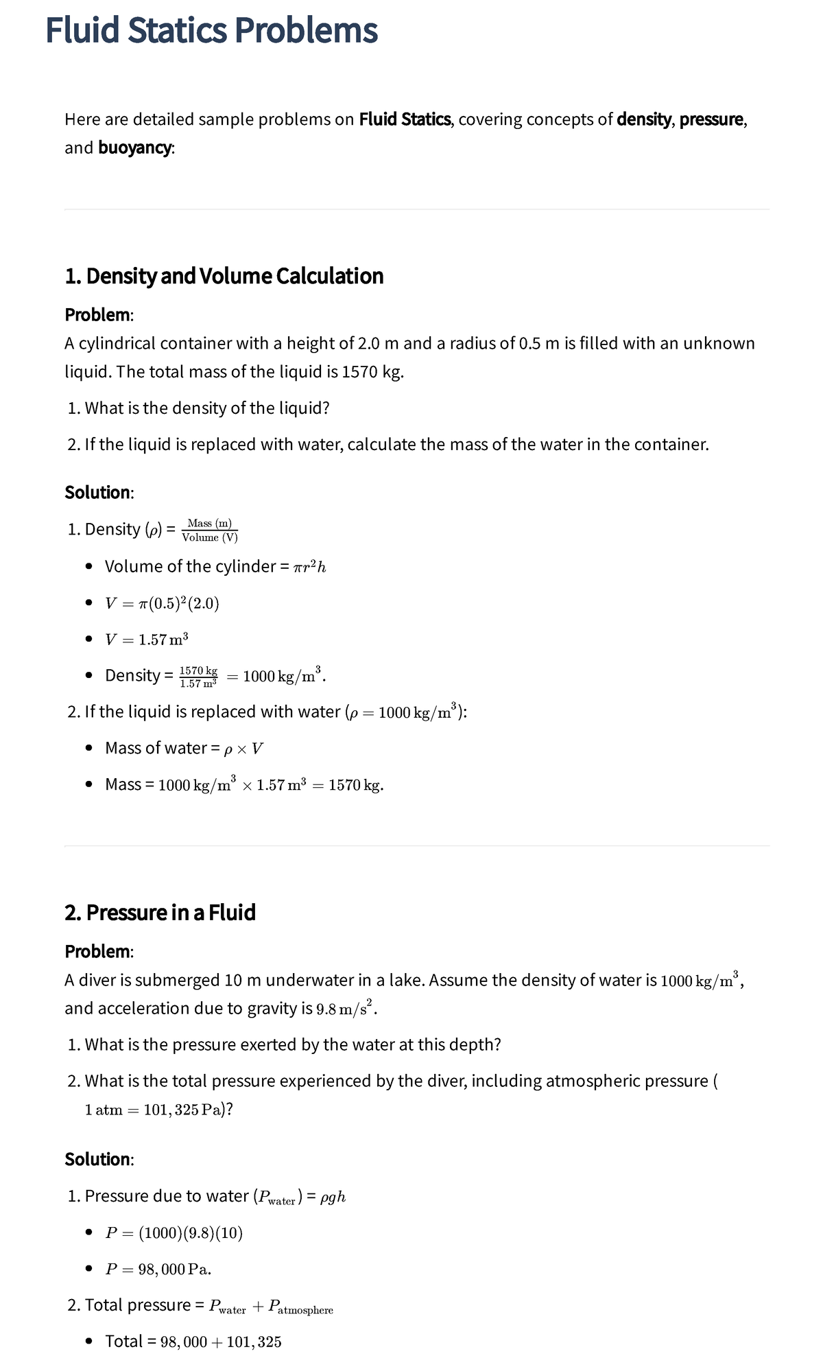 Fluid Statics Problems (PHYS 101): Sample Exercises and Solutions - Studocu