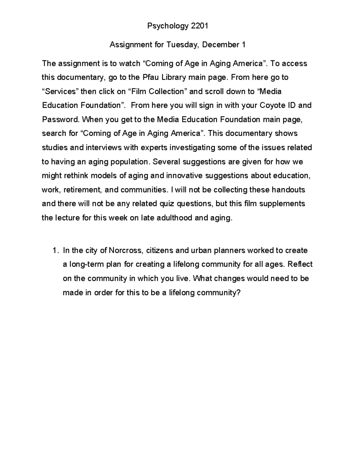 Psychology 2201 - Assignment: Reflecting on 'Coming of Age in Aging ...