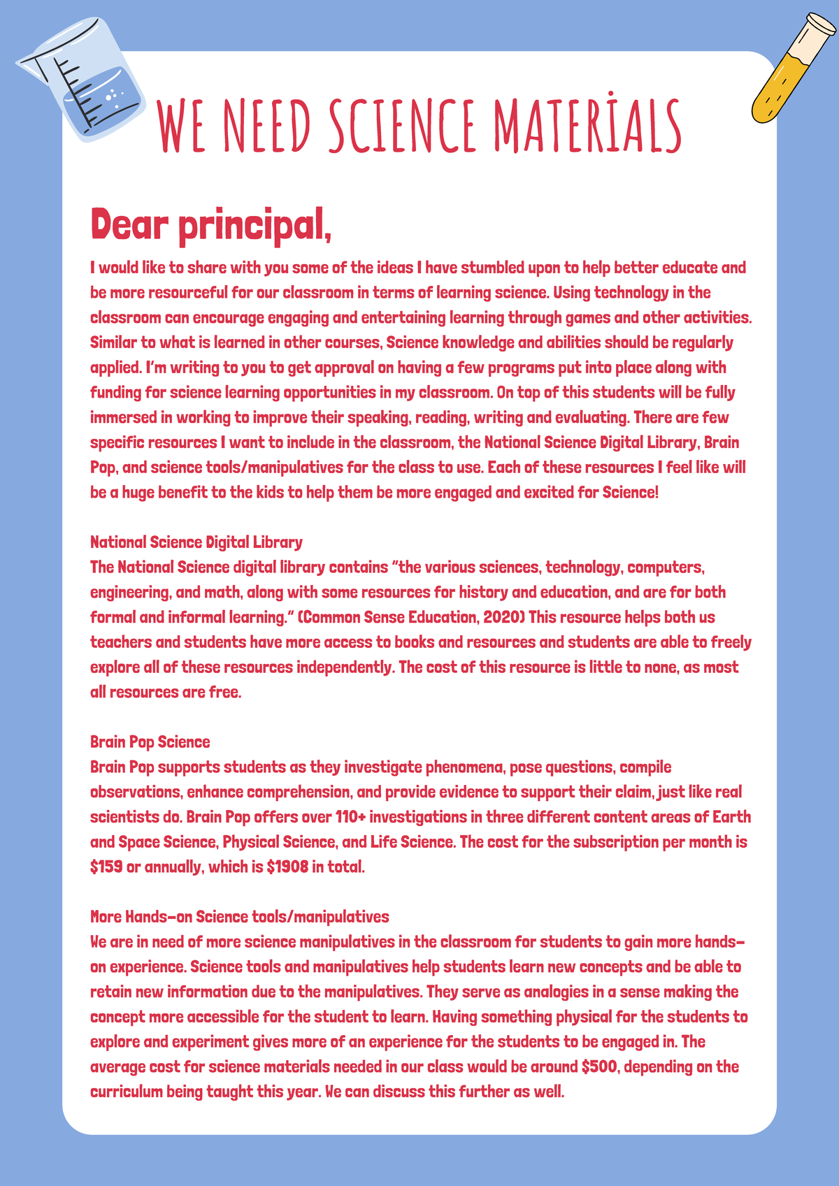 Science Materials Advocacy Letter for ECE 460 Classroom Improvement ...