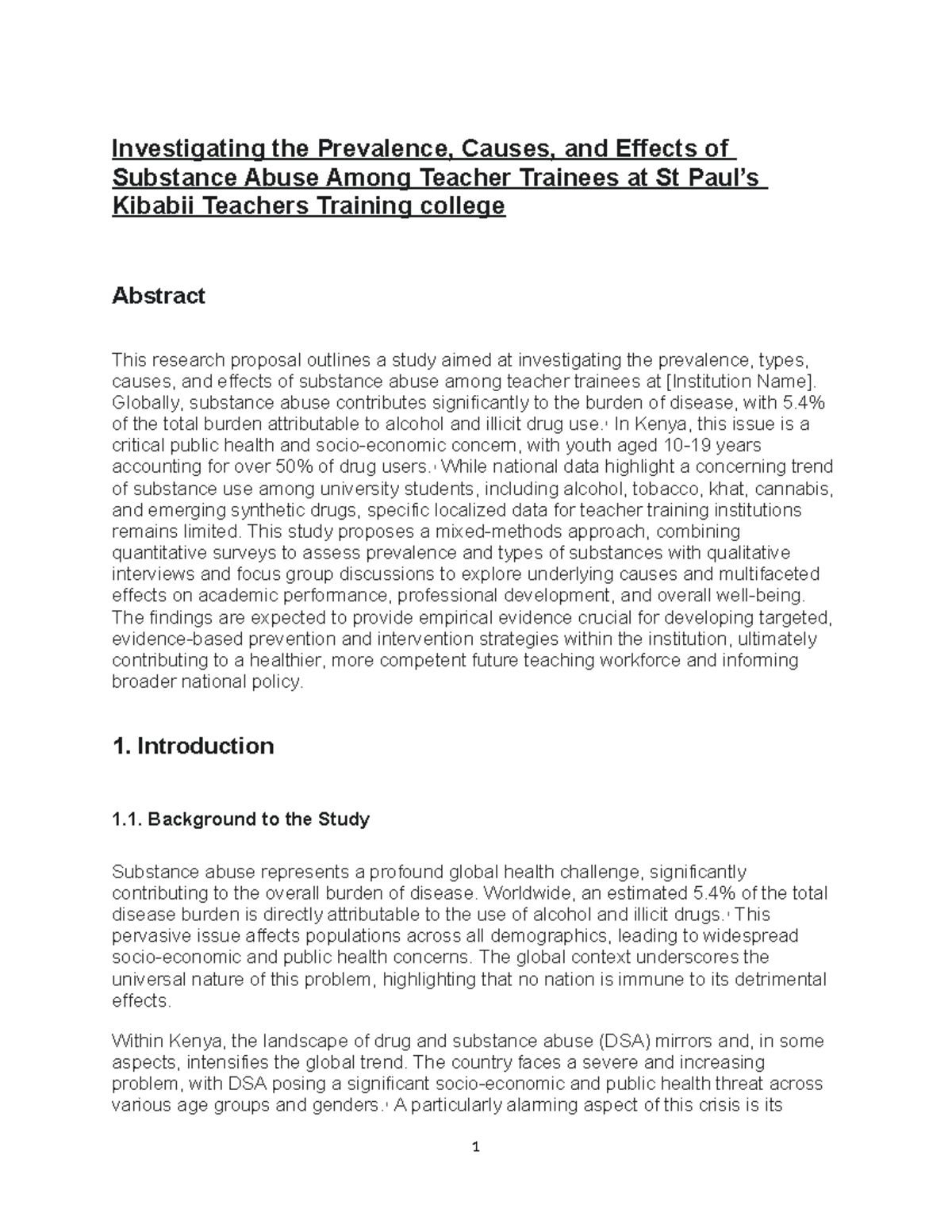 Research Proposal: Substance Abuse Among Teacher Trainees at St Kibabii ...
