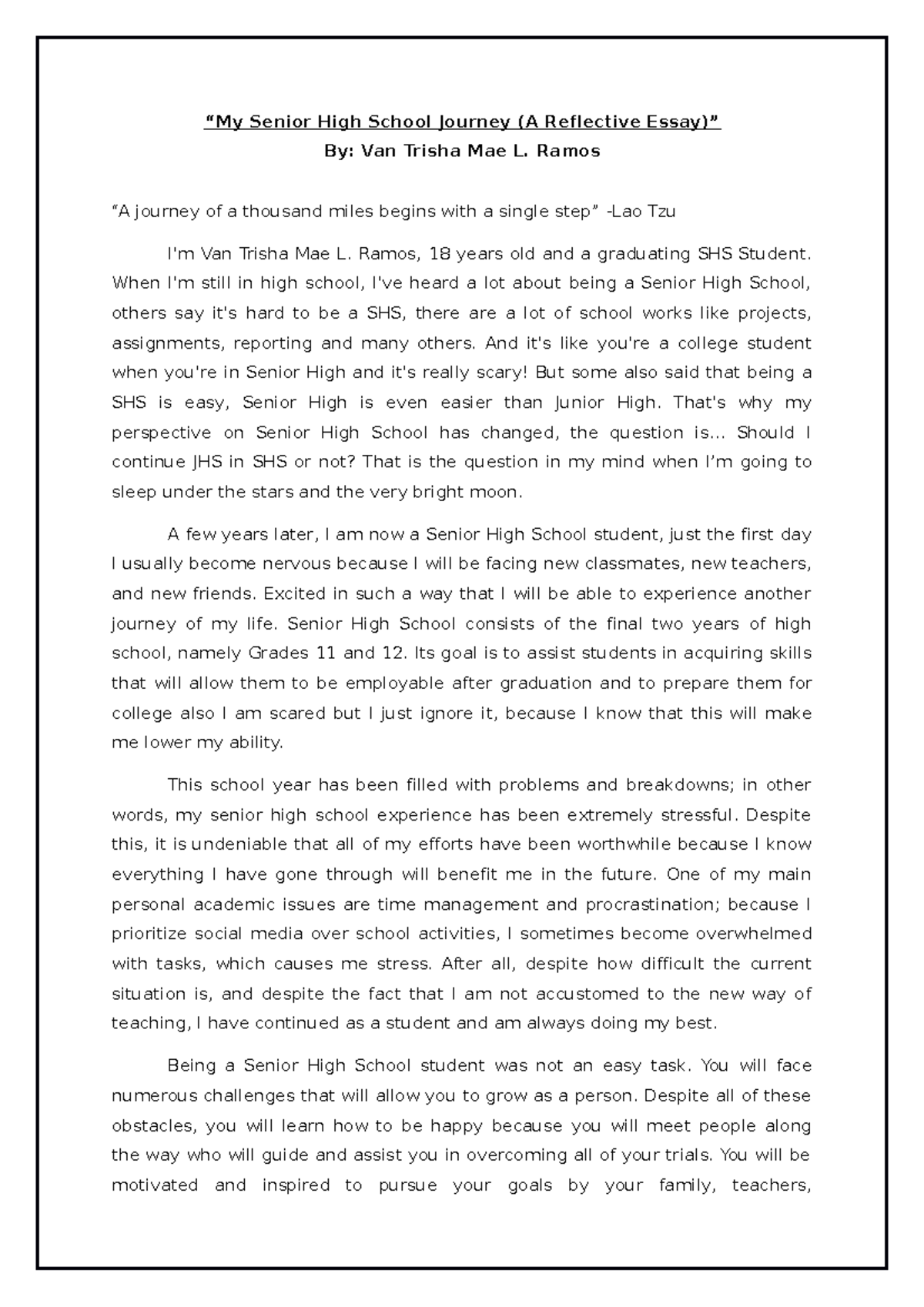 Reflective Essay Trisha - “My Senior High School Journey (A Reflective ...