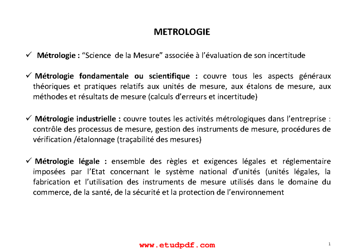 Cours de Métrologie: Concepts Clés et Applications Légales - Studocu