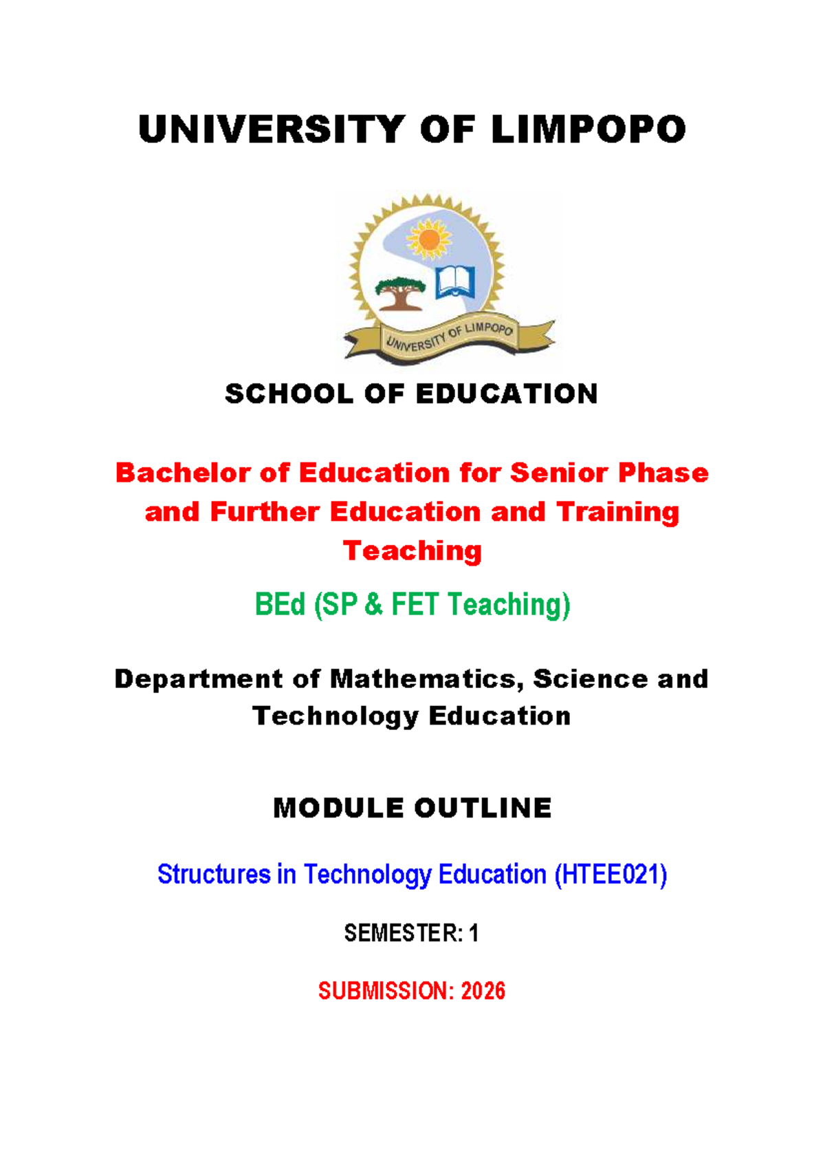 BEd (SP FET Teaching) HTEE021 Module Outline for 2026 - Studocu