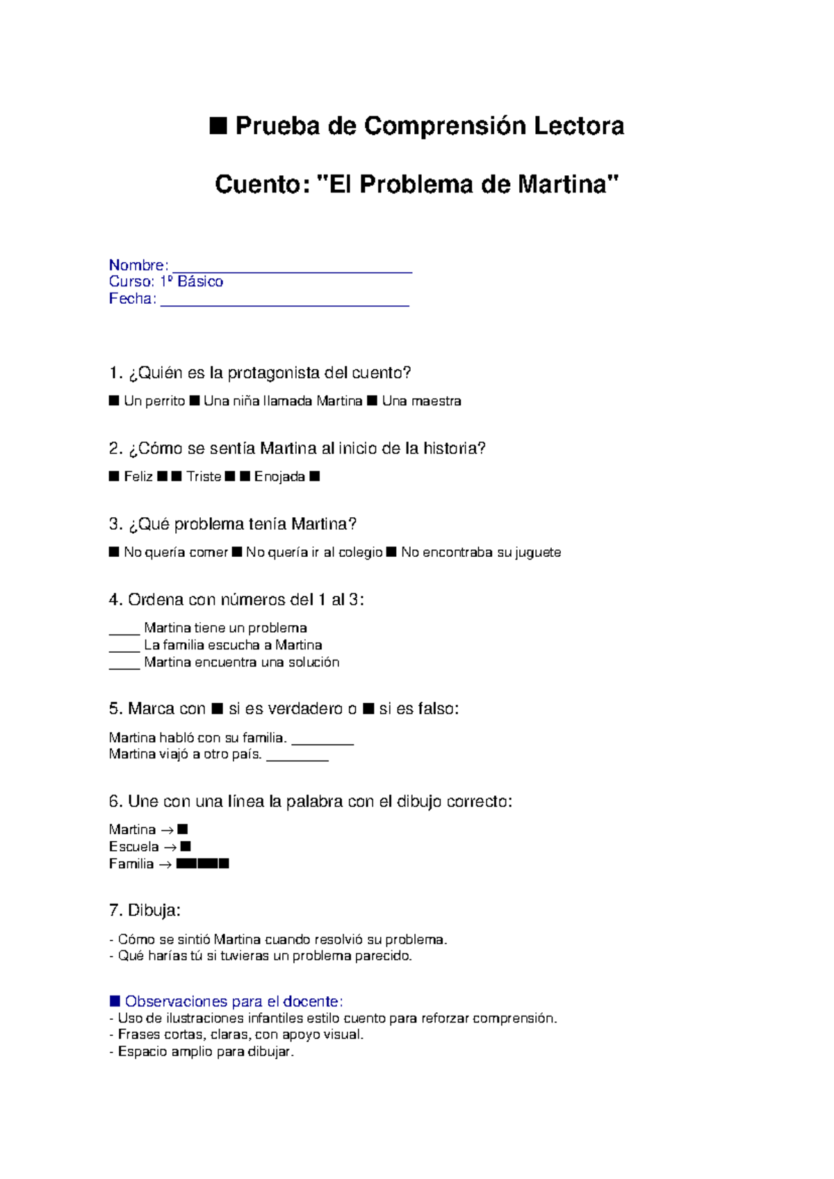 Prueba de Comprensión Lectora: El Problema de Martina - 1º Básico - Studocu