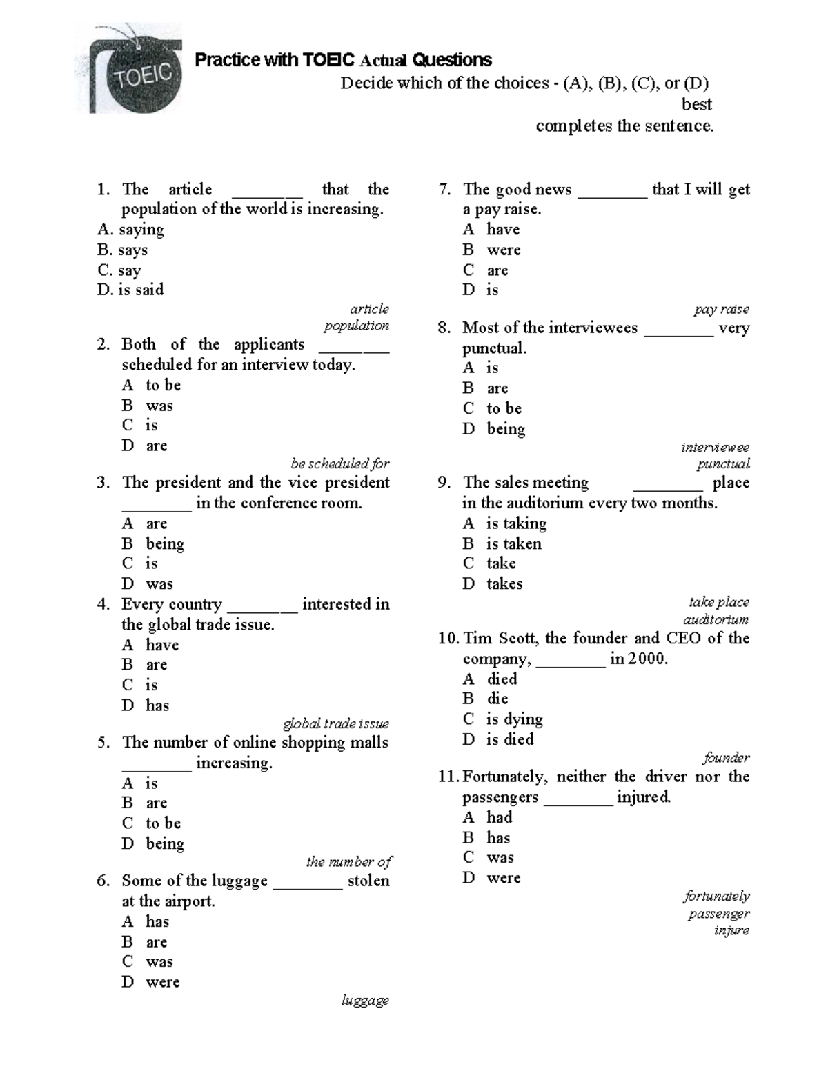 TOEIC Practice Questions: Lesson 5 Exercises - Studocu