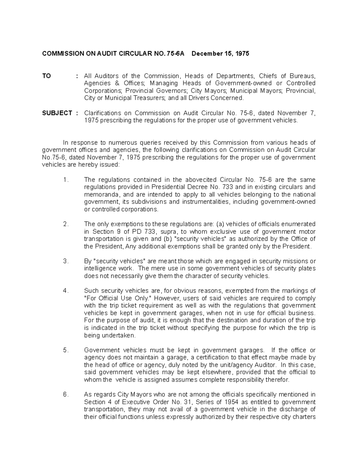 COA Circular No. 75-6A: Guidelines for Government Vehicle Use - Studocu