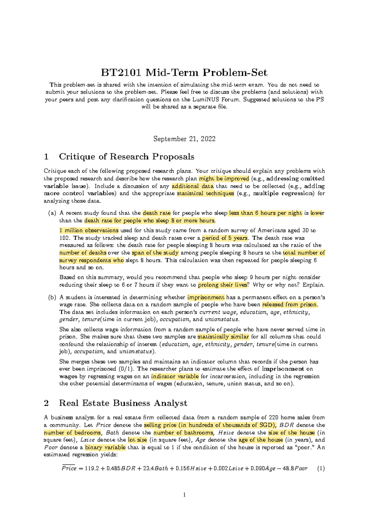 2022 BT2101 Midterm Exam Practice: Research Proposal Critiques - Studocu