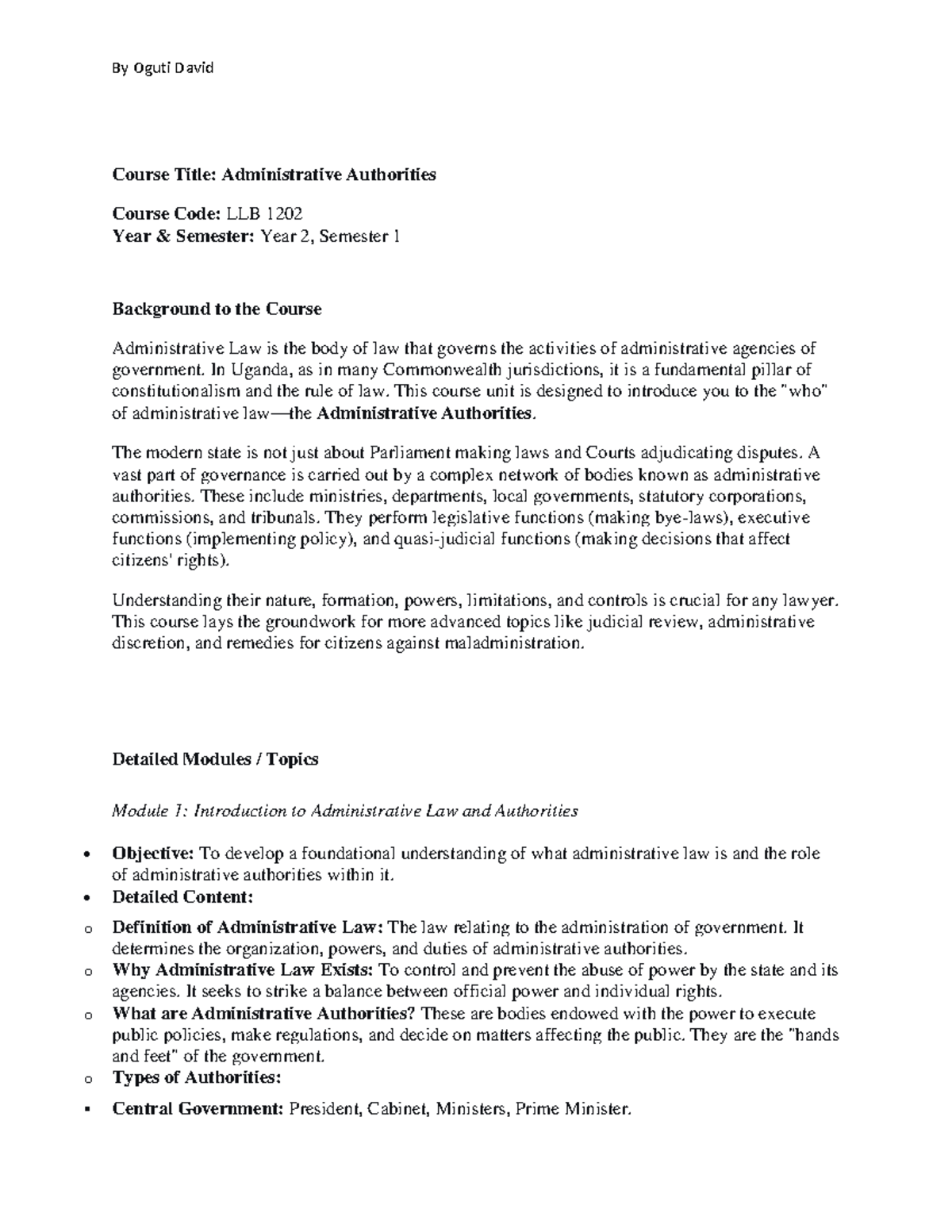 Administrative Authorities Overview - LLB 1202 Year 2, Sem 1 - Studocu