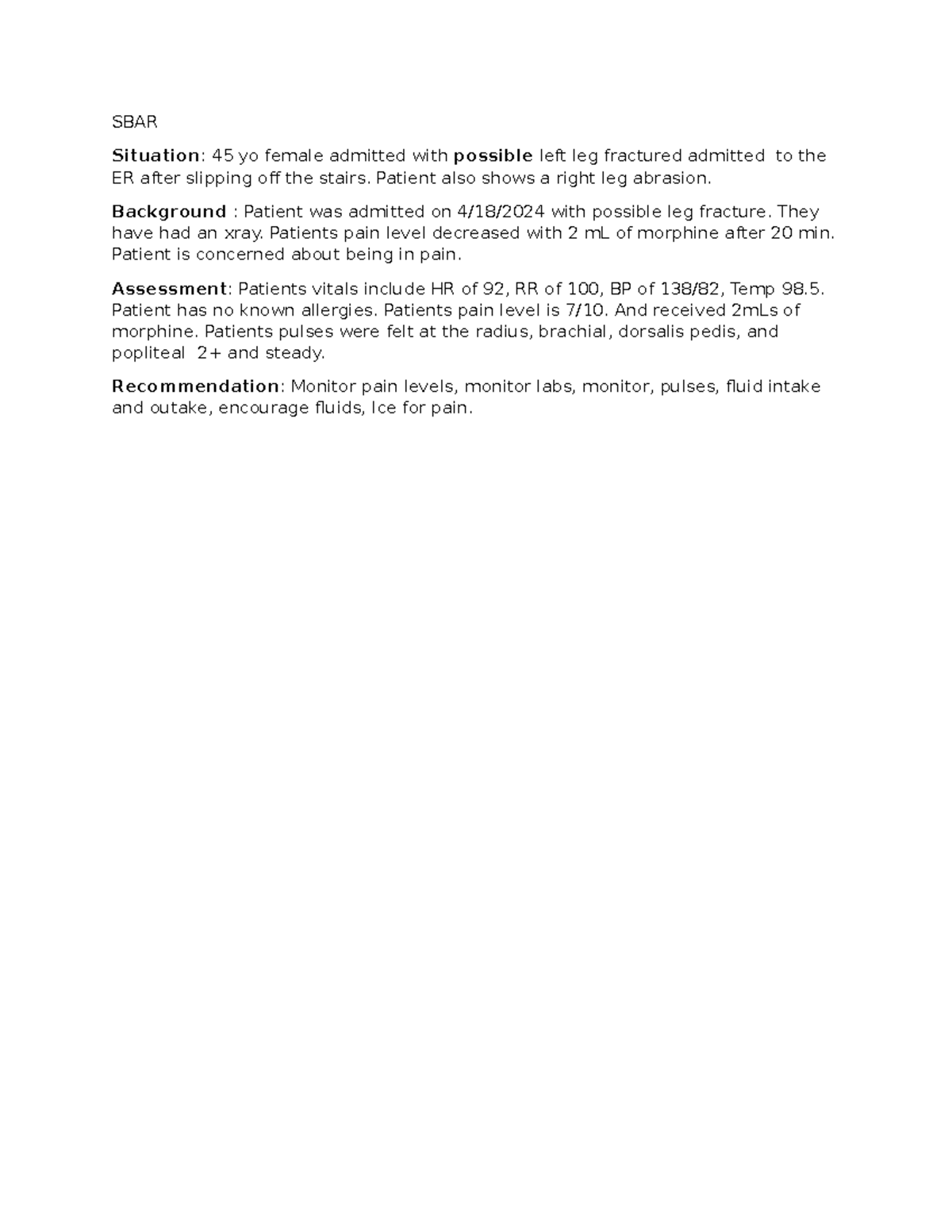 SBAR Format Example: Patient Case Analysis for ER Admission - Studocu