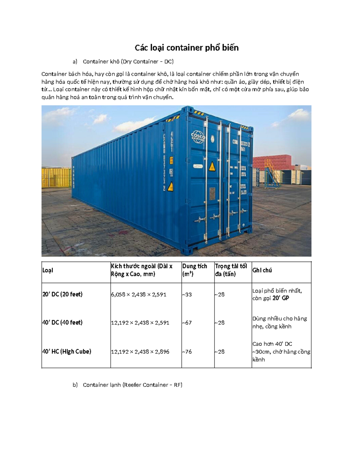Các Loại Container Phổ Biến: DC, RF, OT, Tank và Đặc Biệt - Studocu