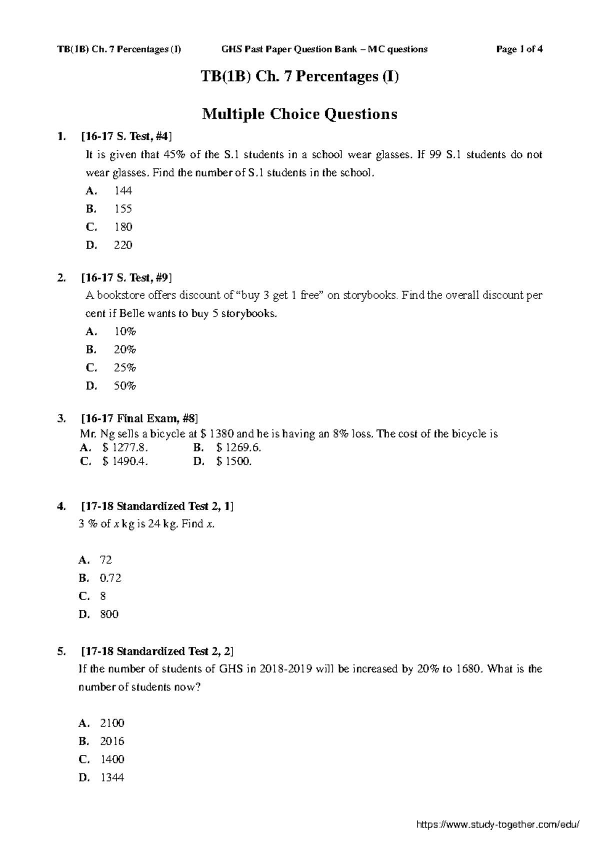 TB(1B) Ch. 7 Percentages (I) GHS Past Paper MC Questions - Studocu