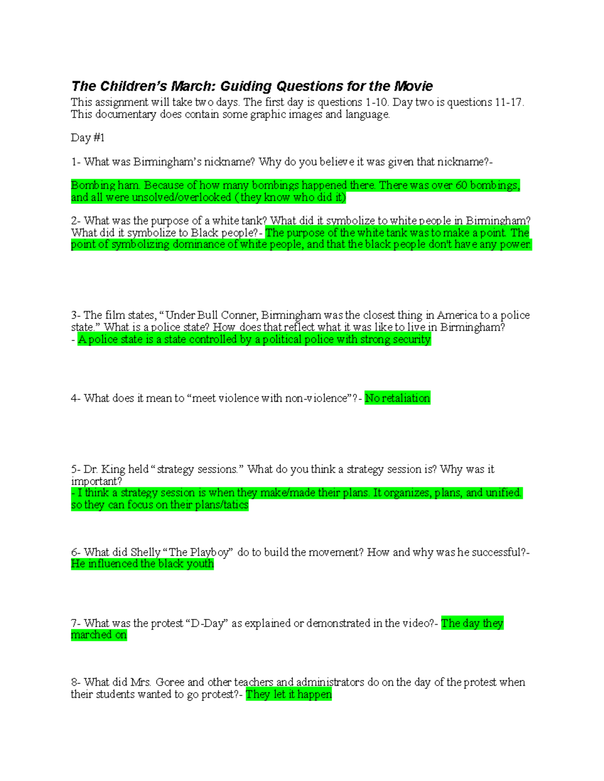 Guiding Questions for 'The Childrens March' Movie - Civics - Studocu