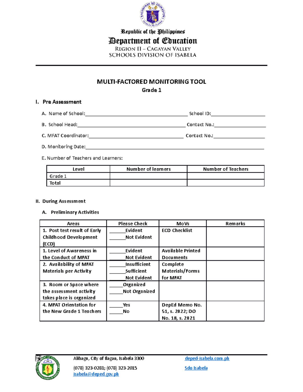 MFAT-Monitoring-Tool - MULTI-FACTORED MONITORING TOOL Grade 1 I. Pre ...