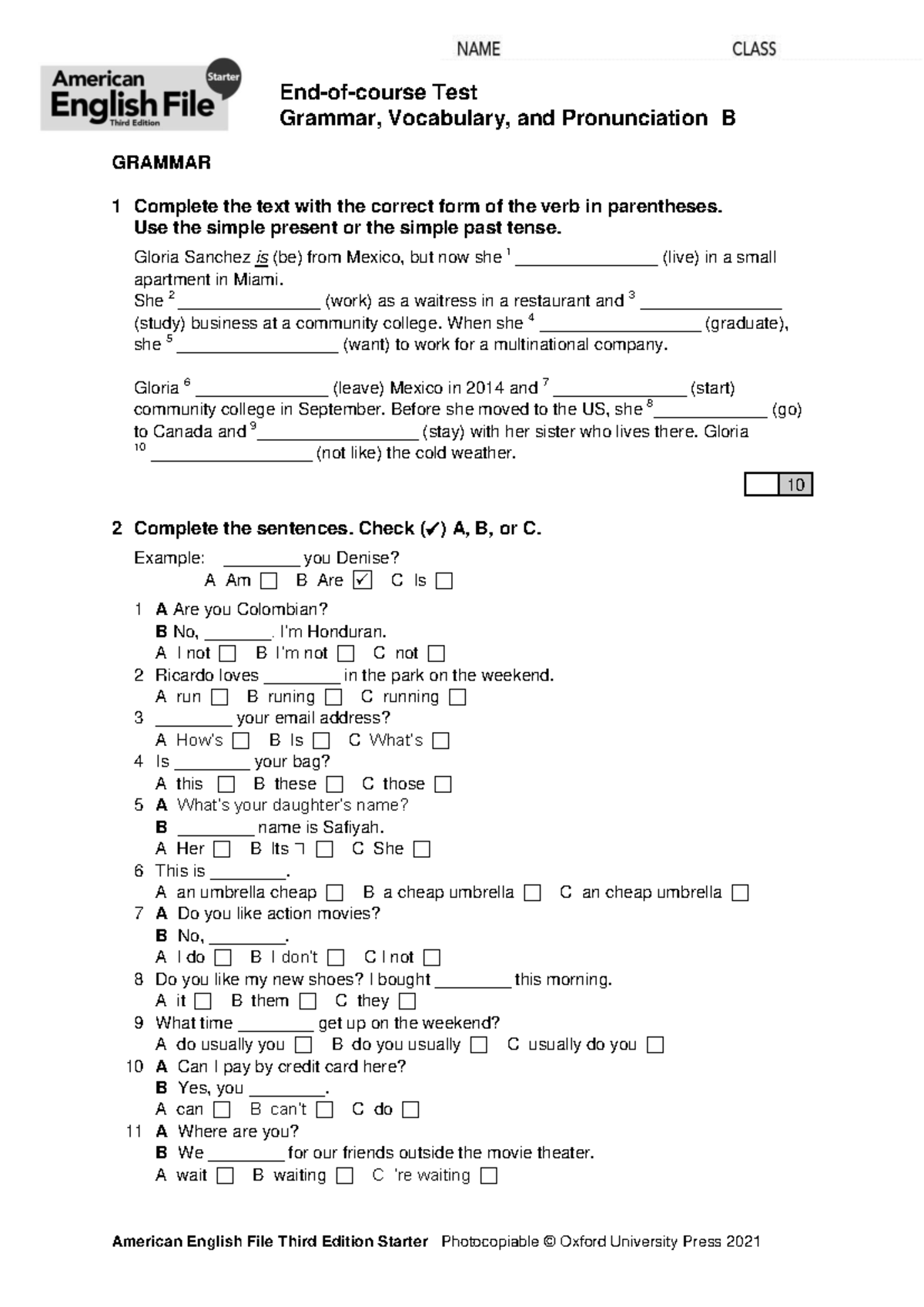 AEF3E Starter End Test B: Grammar, Vocabulary, and Pronunciation - Studocu