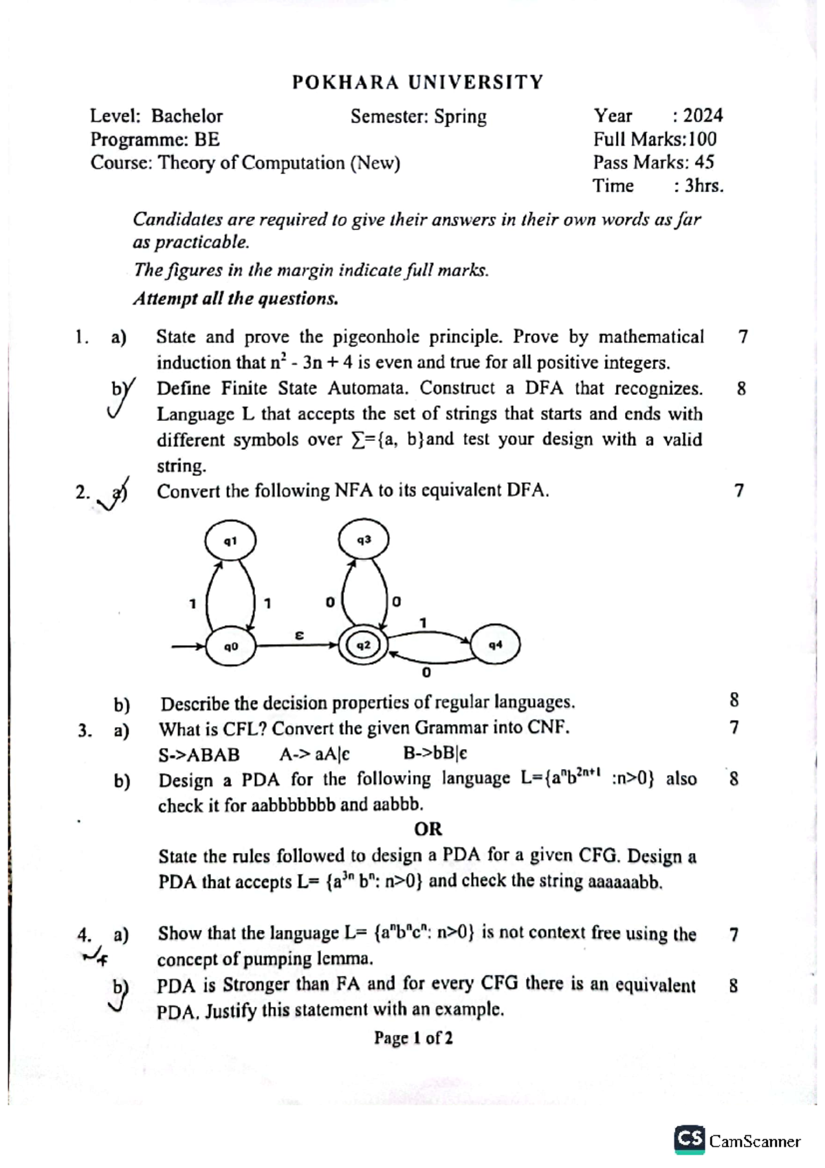 TOC (New) BE 4th Sem Spring 2024 Regular Exam Overview and Questions - Studocu