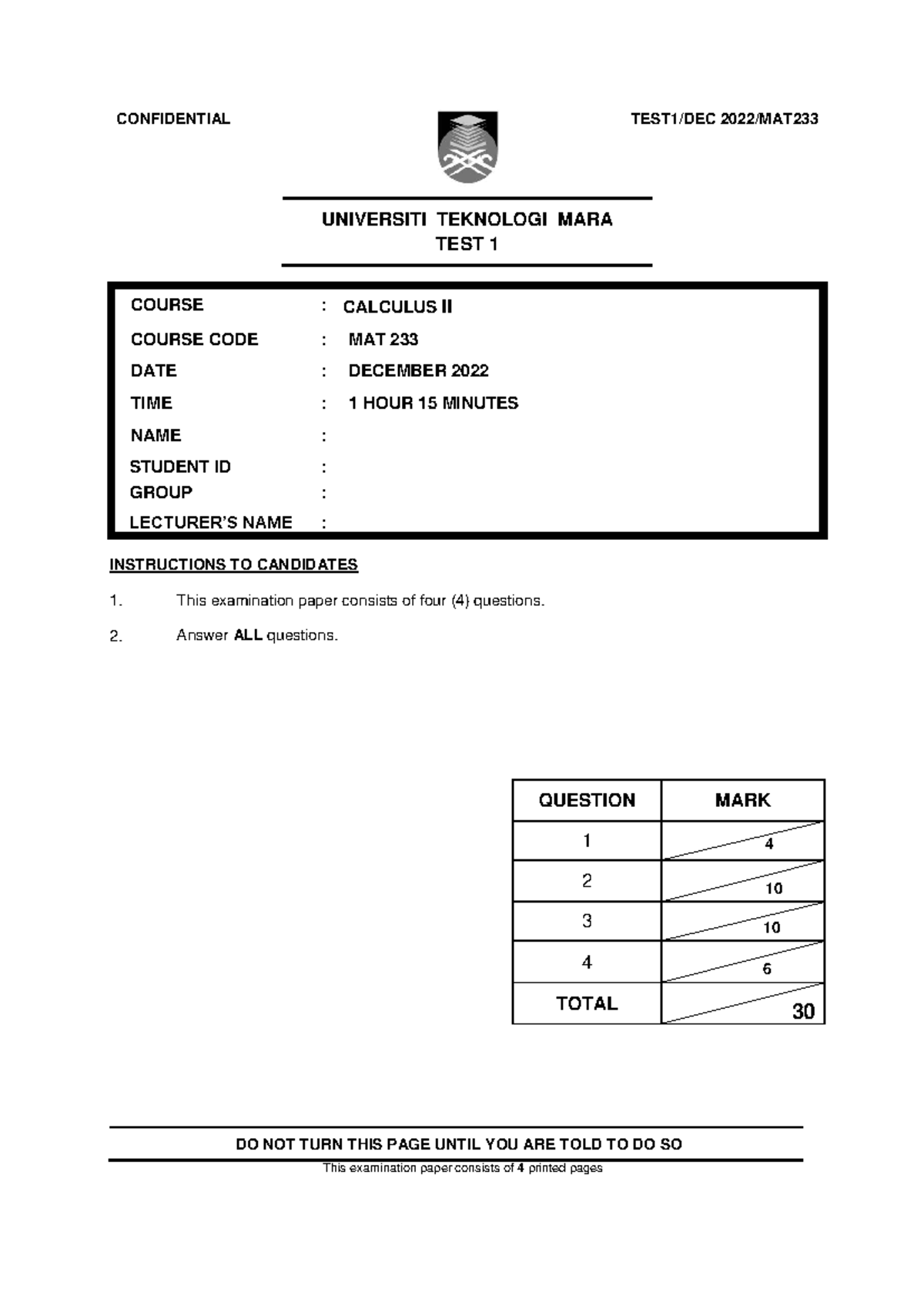 MAT233 Test 1 Dec 2022: Calculus II Examination Paper - Studocu