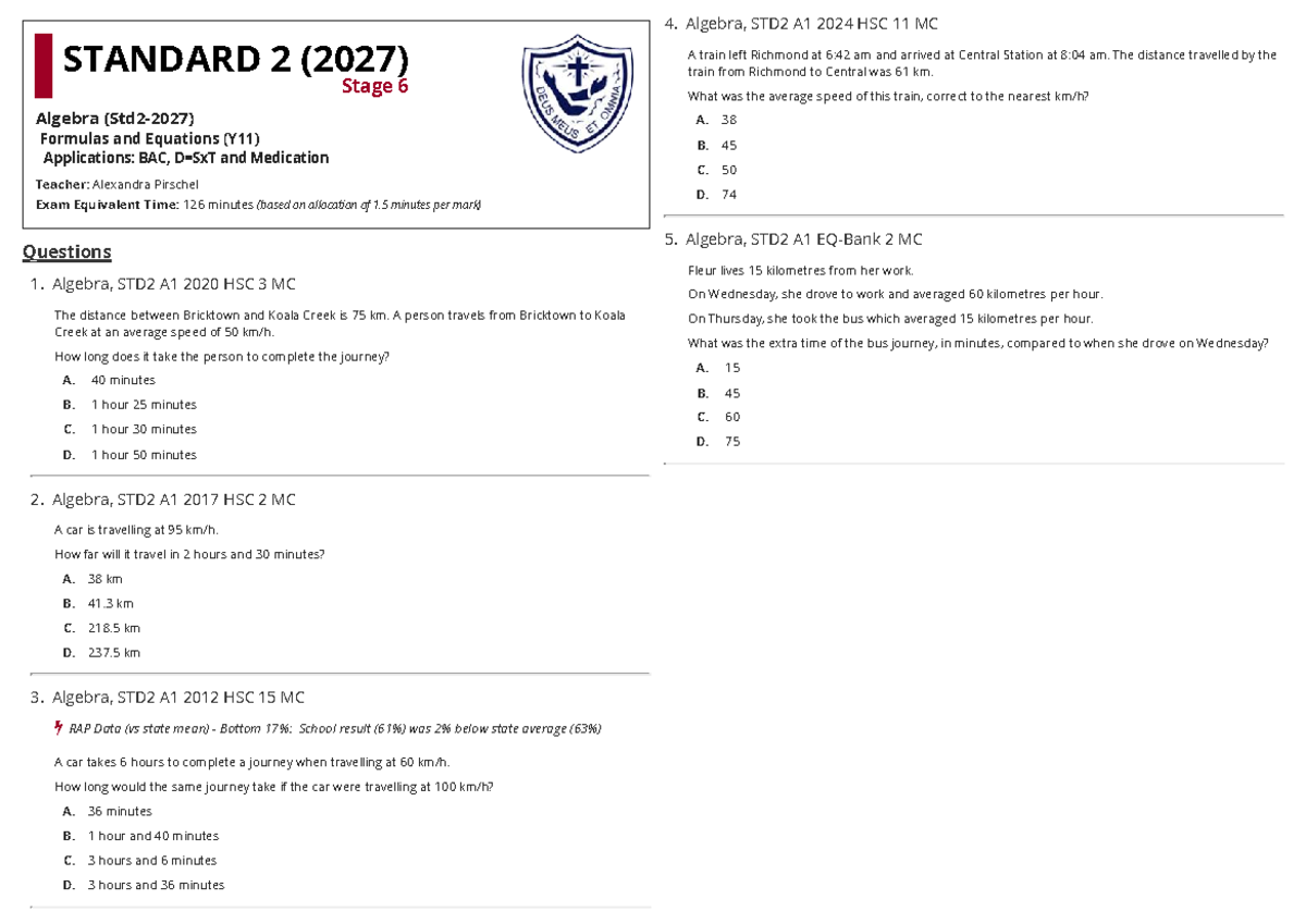 Algebra Practice Questions and Formulas for STD2 - Studocu