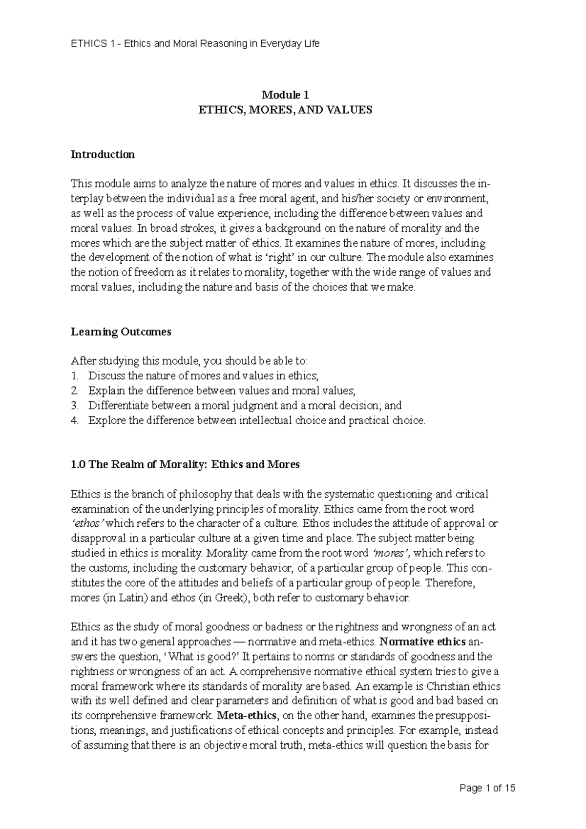 Ethics 1 - Module 1 Lecture Notes: Mores, Values, and Freedom - Studocu