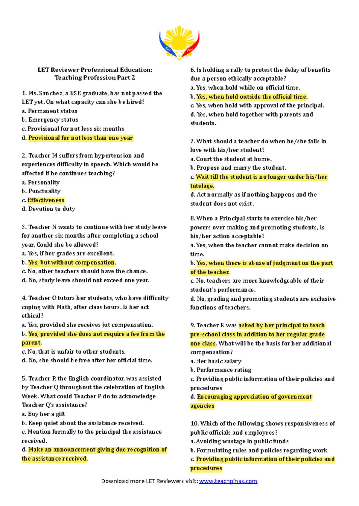 LET Reviewer: Teaching Profession Part 2 Study Guide - Studocu
