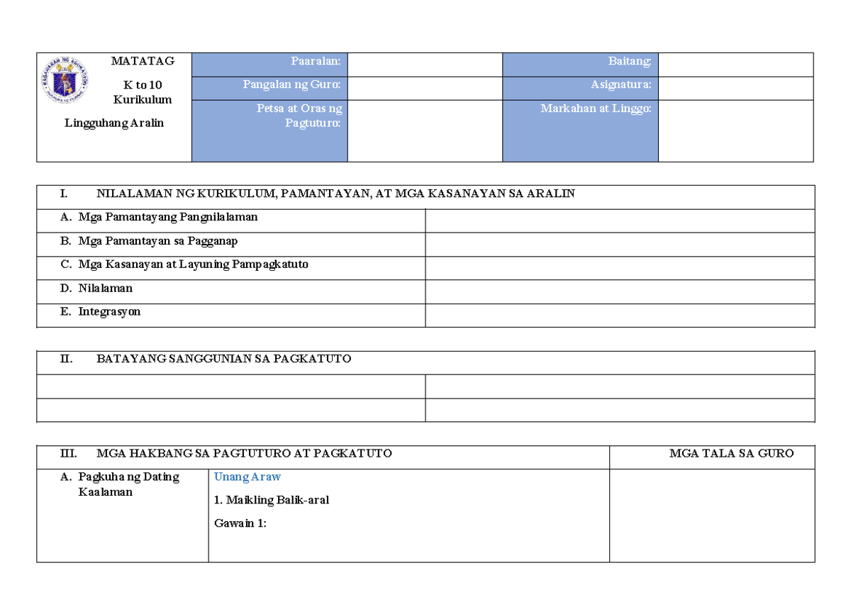 MATATAG K to 10 Lesson Plan Template for Teachers - Studocu
