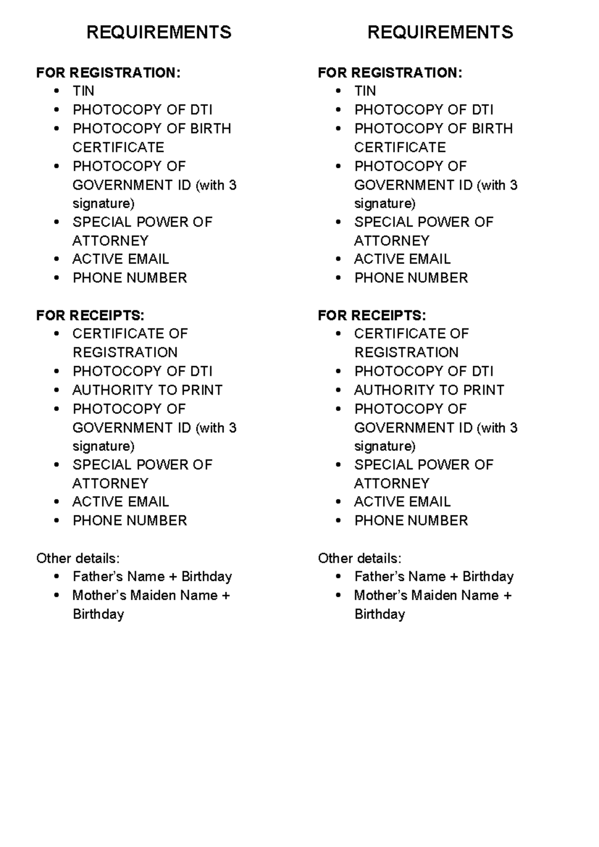 Requirements FOR Receipt - REQUIREMENTS FOR REGISTRATION: TIN PHOTOCOPY ...