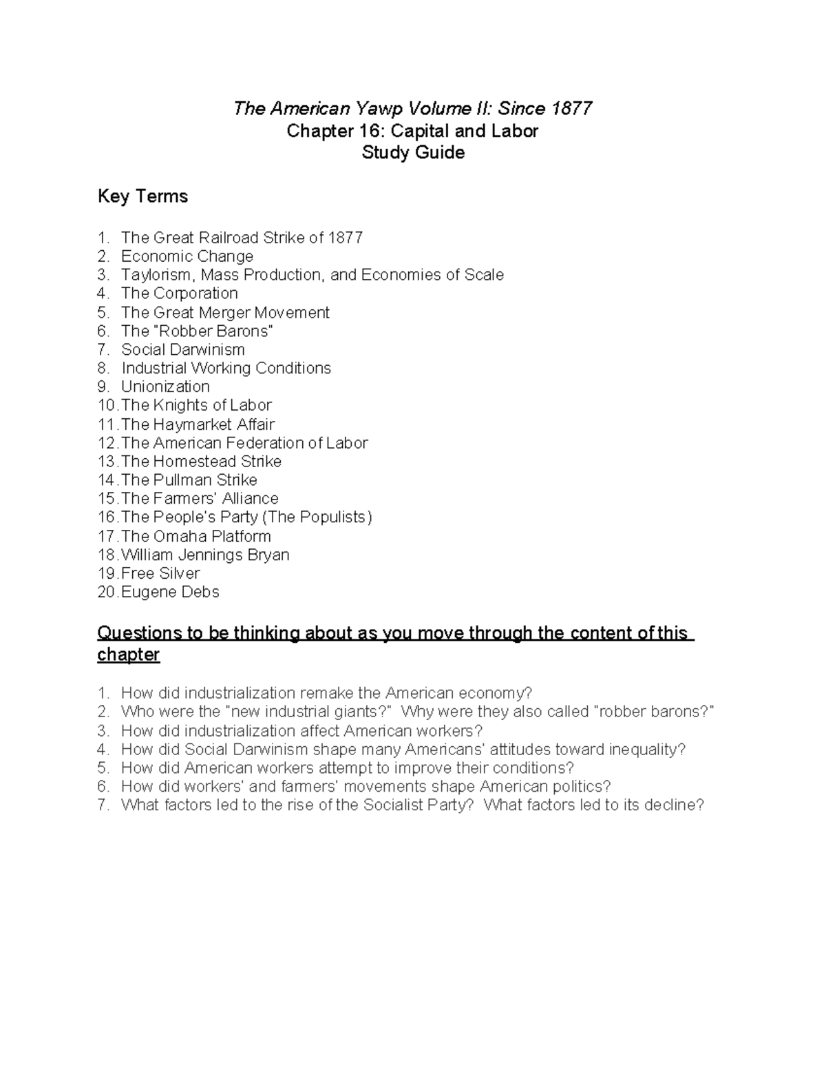 American Yawp Vol II: Ch 16 Study Guide - Capital & Labor - Studocu