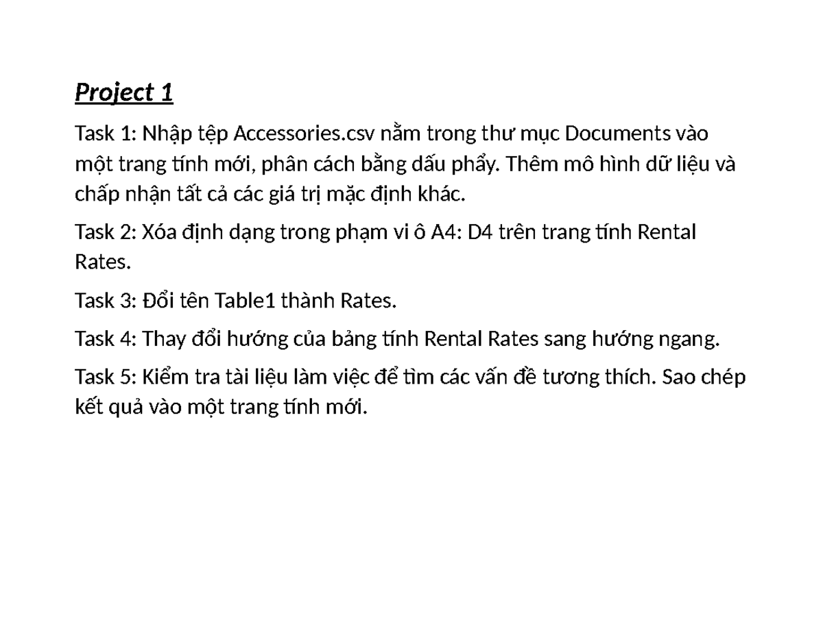 Project 1 & 2 Tasks: Excel Data Management & Formatting Guide - Studocu
