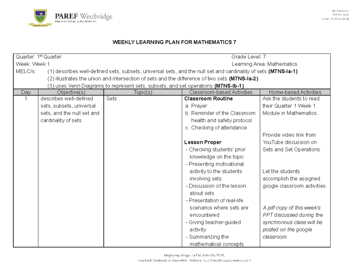 Weekly Learning Plan for Math 7 - 1st Quarter - Week 1 Outline - Studocu