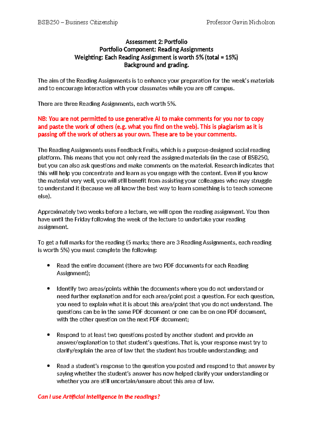 BSB250 Business Citizenship: Reading Assignments Guidelines - Studocu