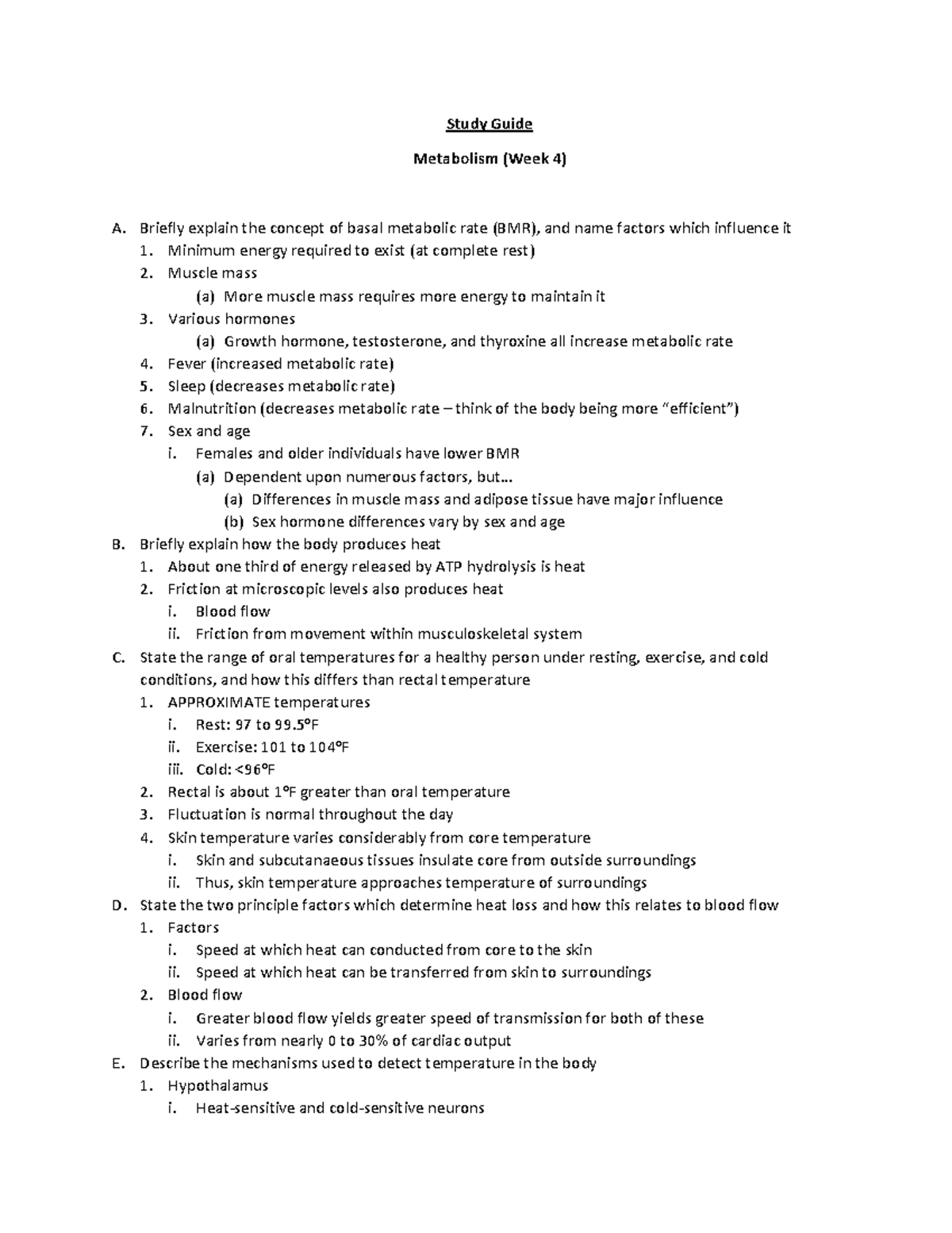 Metabolism and Thermoregulation Study Guide (Week 4) - Studocu