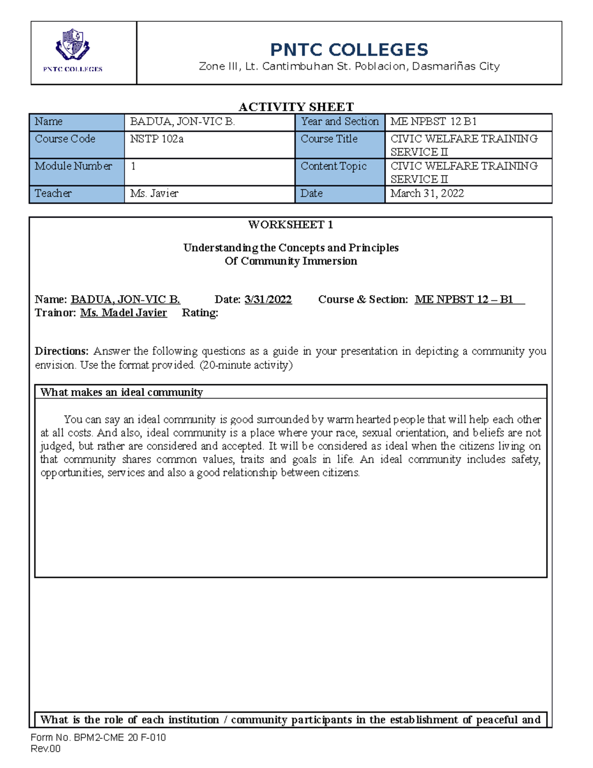 Worksheet 1 NSTP 102a Badua JON VIC B - PNTC COLLEGES Zone III, Lt ...