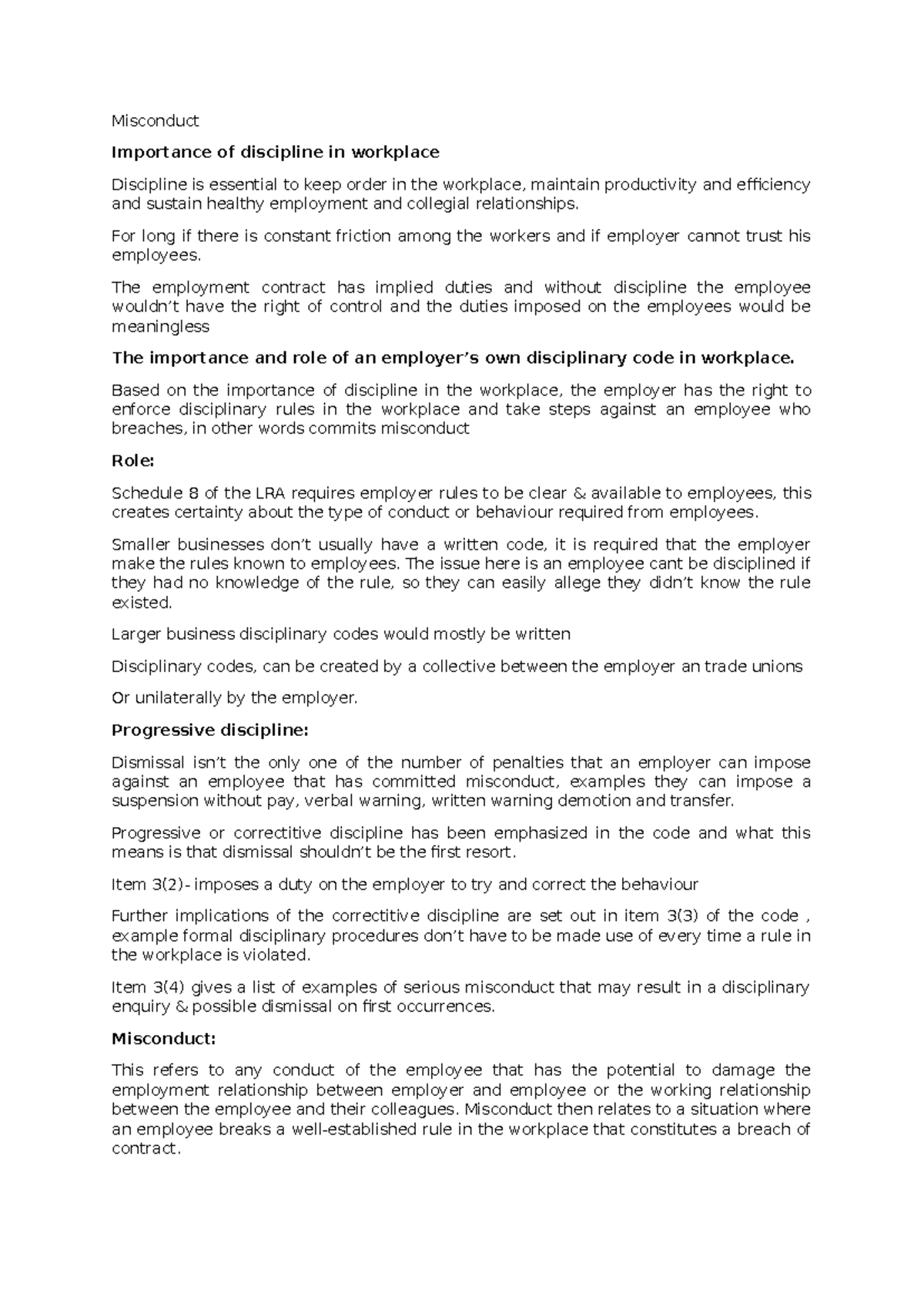 LRA 5.3: Understanding Workplace Misconduct and Disciplinary Procedures ...