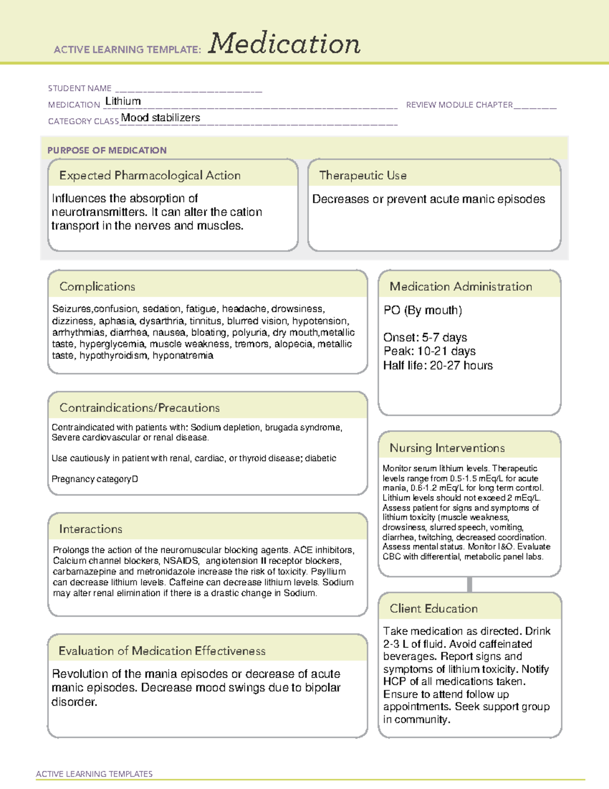 Lithium Drug Card Pharm - ACTIVE LEARNING TEMPLATES Medication STUDENT ...