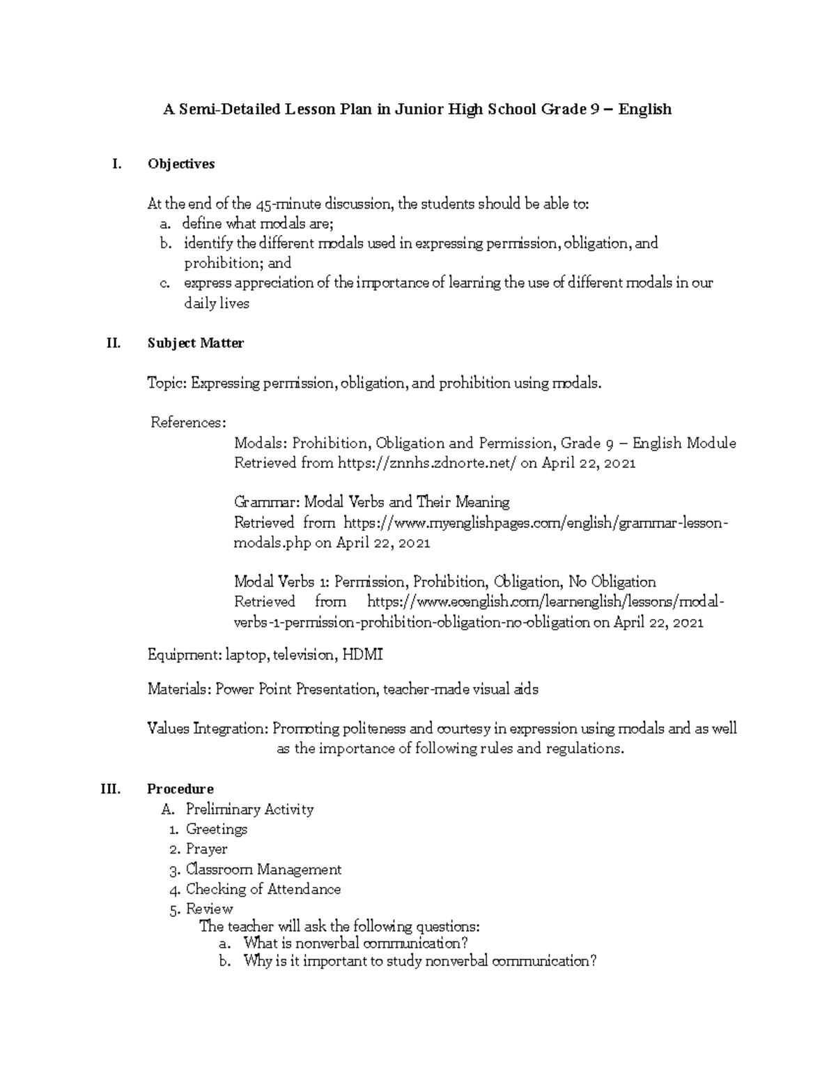 Lesson Plan on Modals in Grade 9 English (Expressing Permission ...