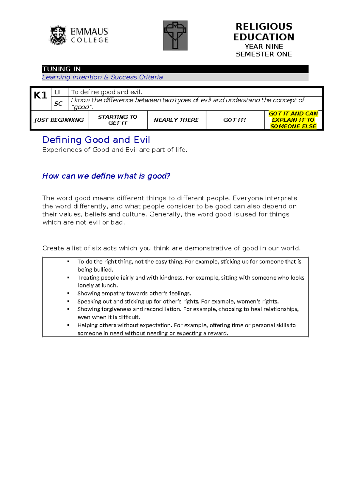 RELIGIOUS EDUCATION YEAR 9 SEMESTER 1: Defining Good and Evil Worksheet ...