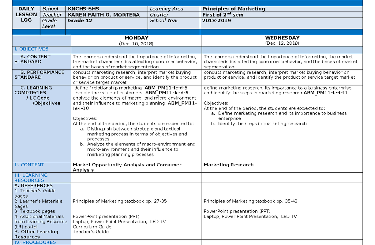 Strategic marketing - DAILY LESSON LOG School KNCHS-SHS Learning Area ...