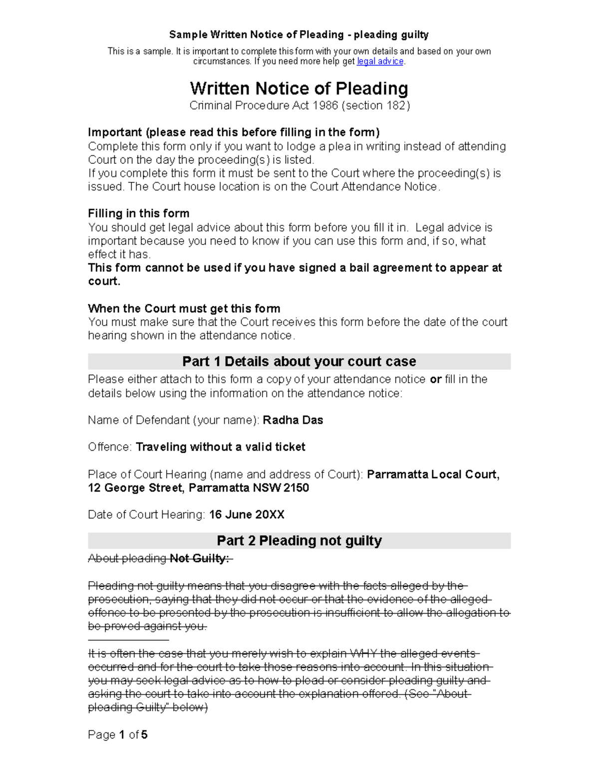 Sample Pleading Notice for Guilty Plea – Criminal Procedure Act - Studocu
