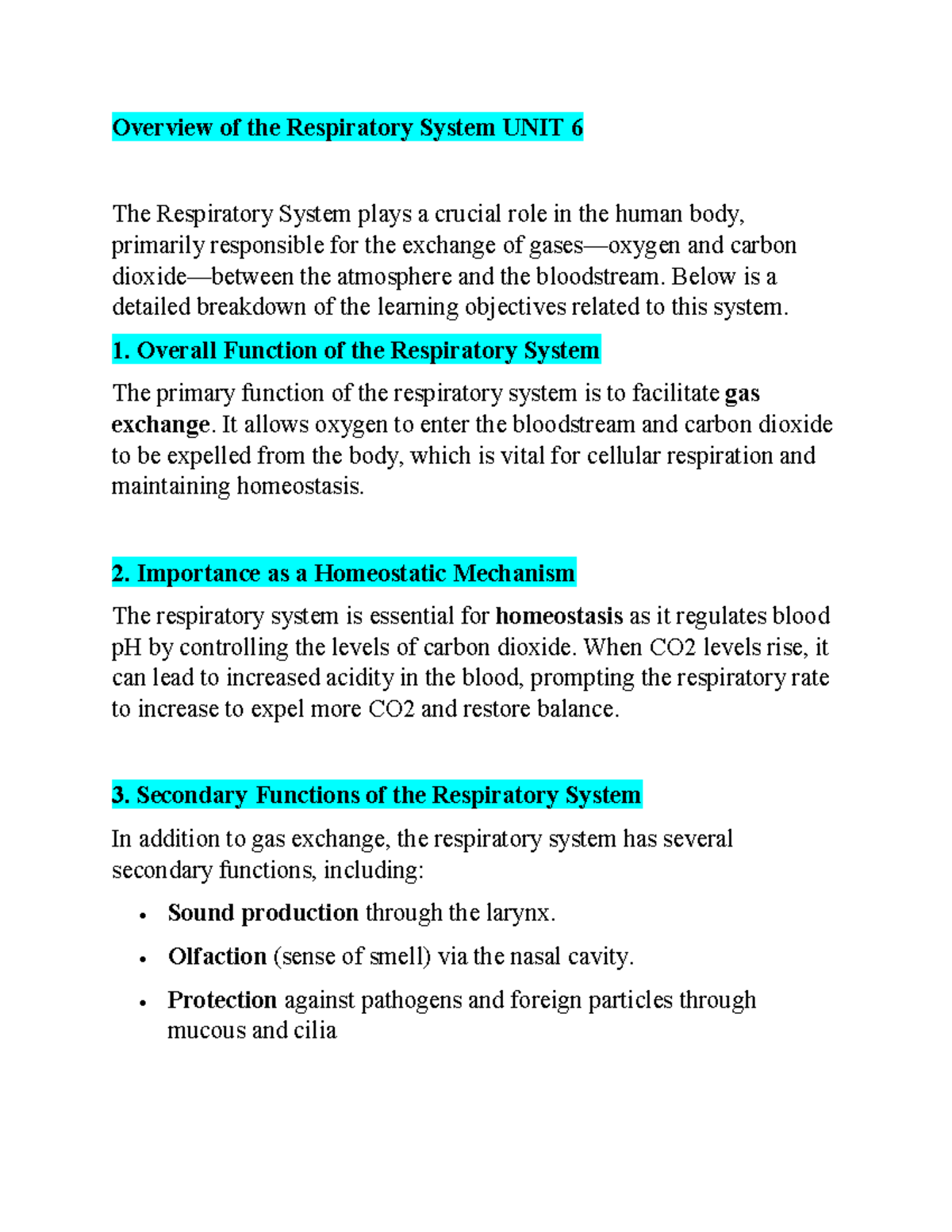Respiratory System Overview: Key Concepts for UNIT 6 Study Guide - Studocu