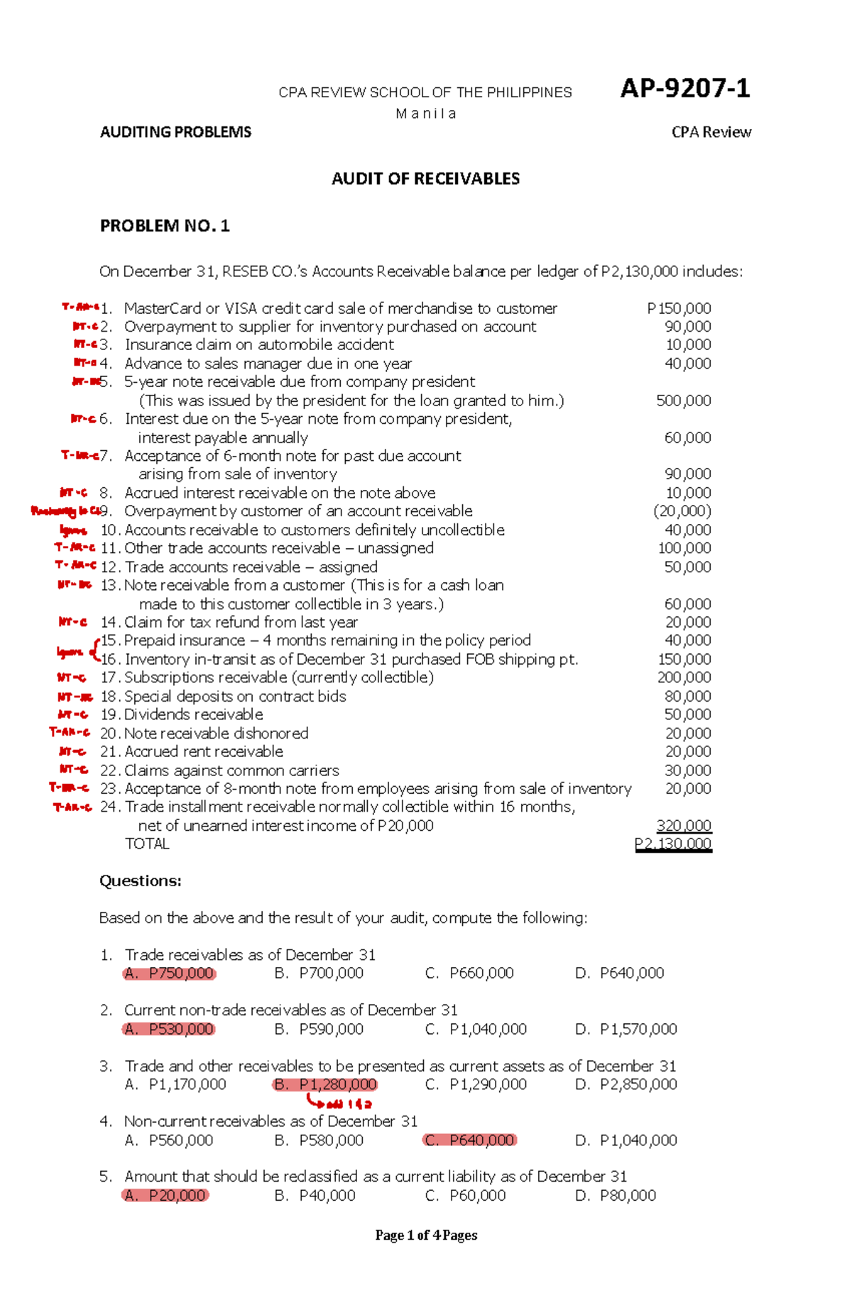 CPAR AP 9207 AUDITING PROBLEMS: RECEIVABLES ANALYSIS - Studocu