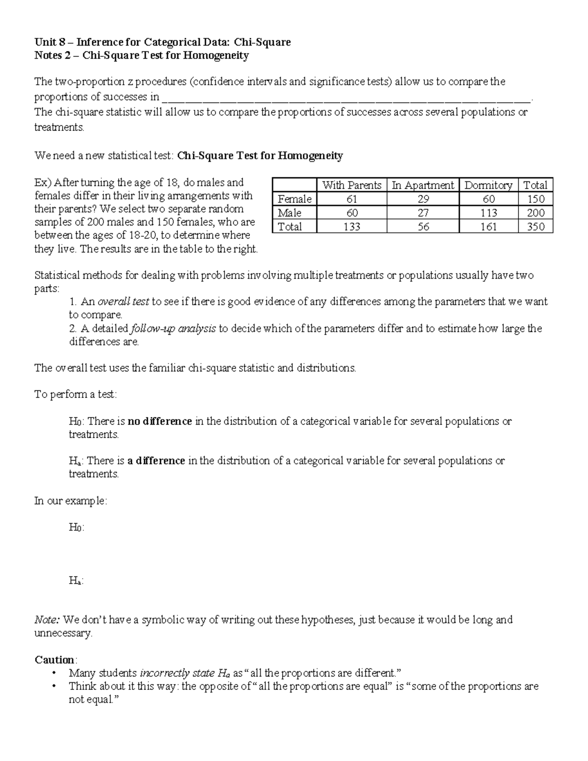 Notes 2 - Chi-Square Test for Homogeneity - Unit 8 – Inference for ...