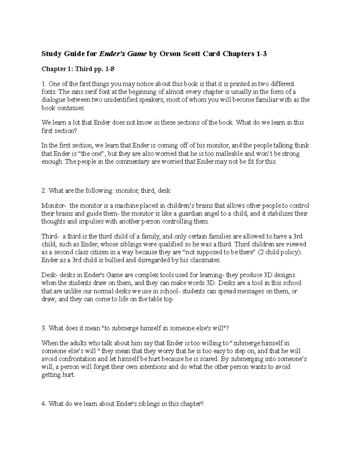 Enders Game Chapters 1-3 question answers - Study Guide for Ender's ...